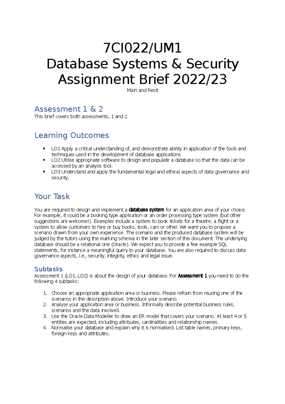 Assignment data base - project report - 7CI022/UM Database Systems & Security Assignment Brief ...