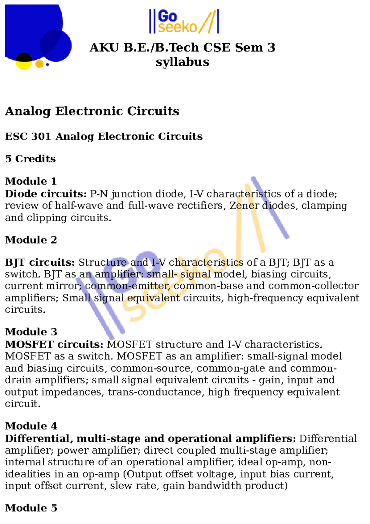 Cse Sem 3 Syllabuss Aku Beb Cse Sem 3 Syllabus Analog Electronic