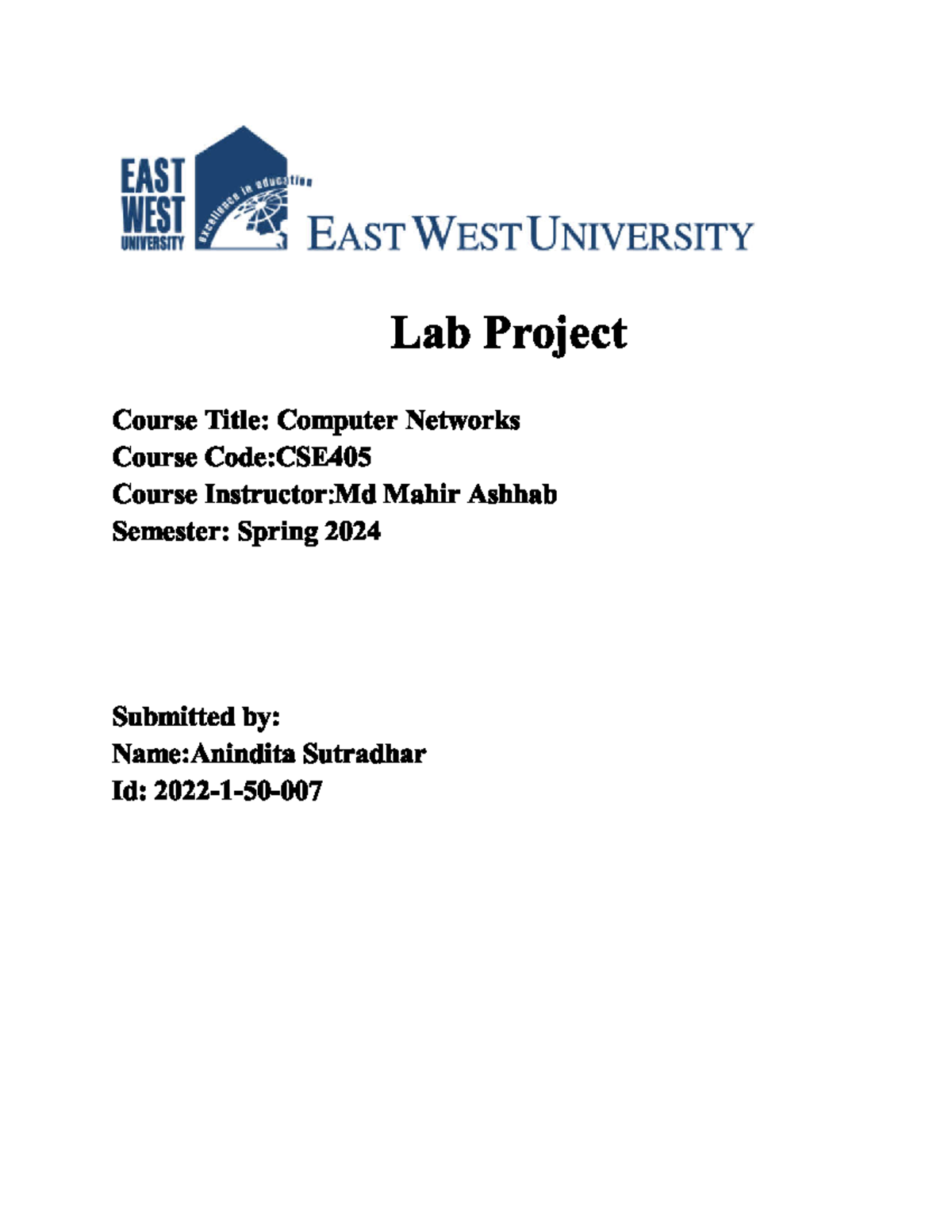 Anindita Lab Project 405 - EAST education WEST UNIVERSITY ...