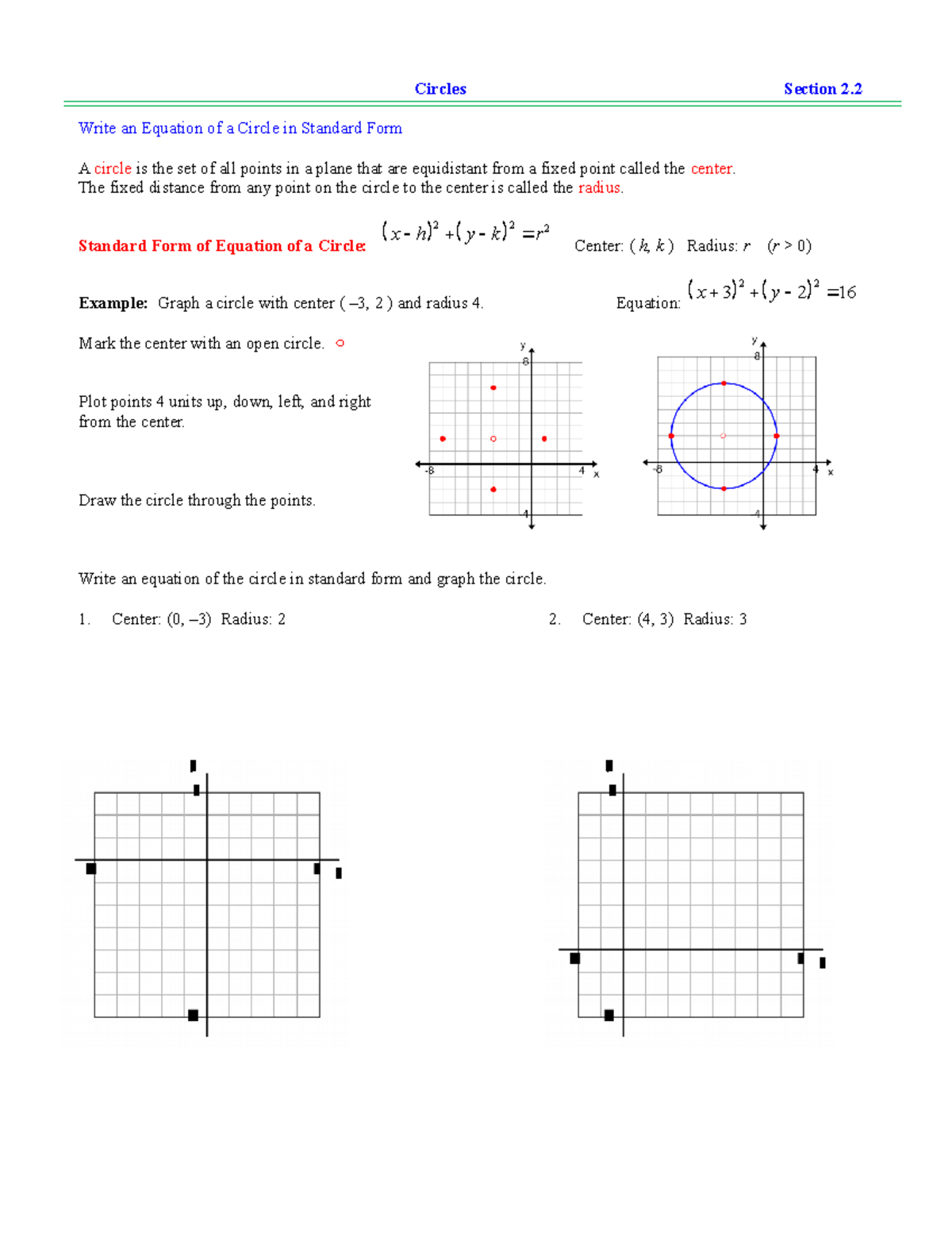 CA LEC 2.2 Circles - Circles Section 2. Write an Equation of a Circle ...