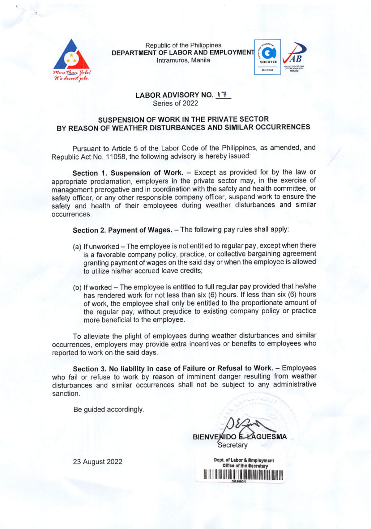 Labor Advisory For HRD - Republic of the Philippines DEPARTMENT OF ...