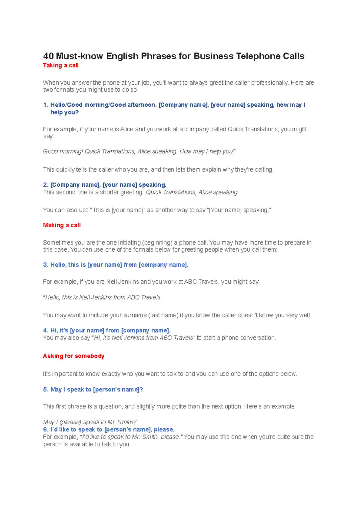 40 Phrases for business calls - Inglés Técnico - UNAH - Studocu
