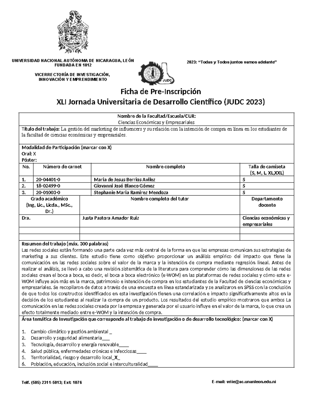 Formulario de preinscripción-JUDC-2023 - UNIVERSIDAD NACIONAL AUTÓNOMA ...