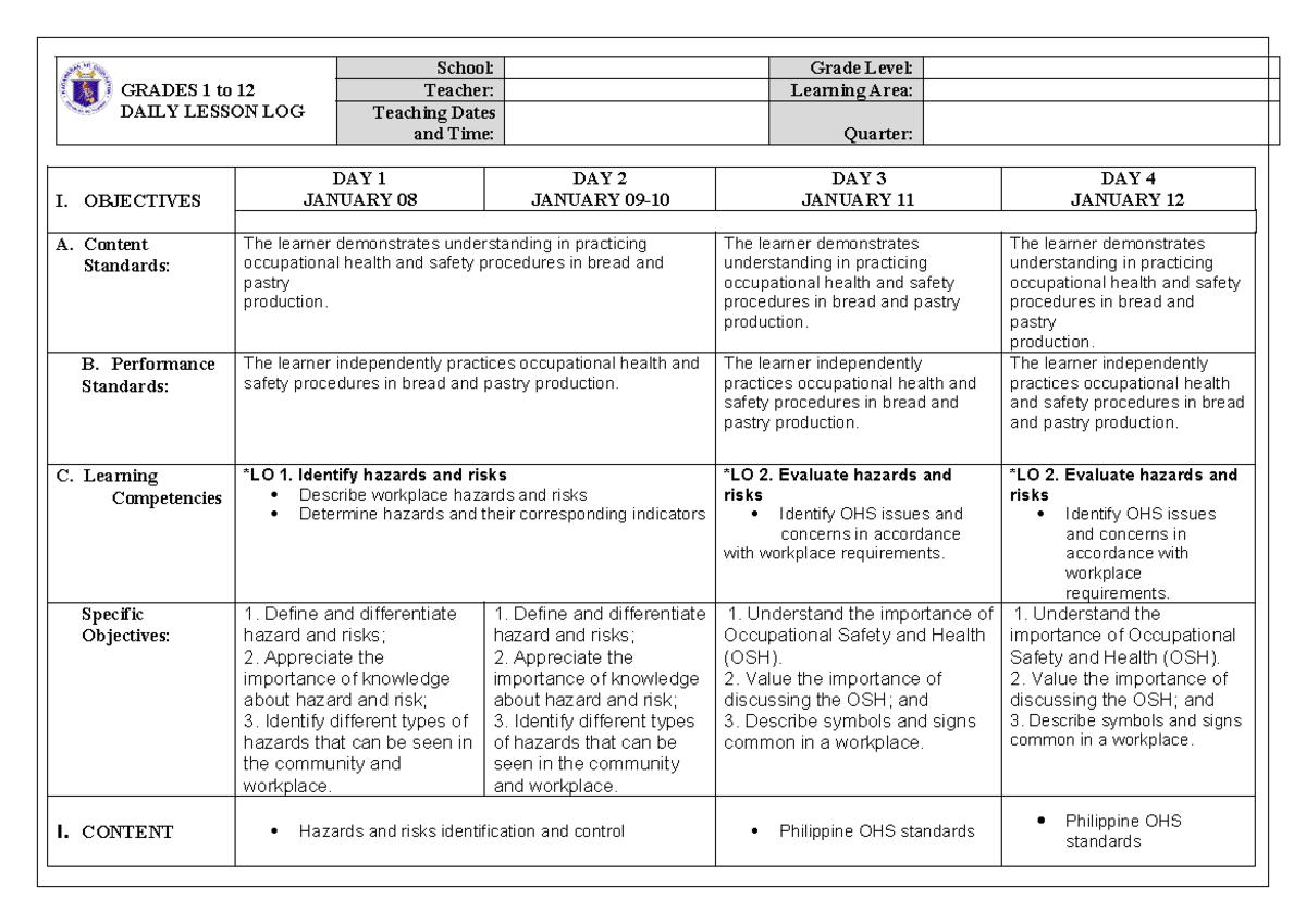 Safety precautions - DLL - GRADES 1 to 12 DAILY LESSON LOG School ...
