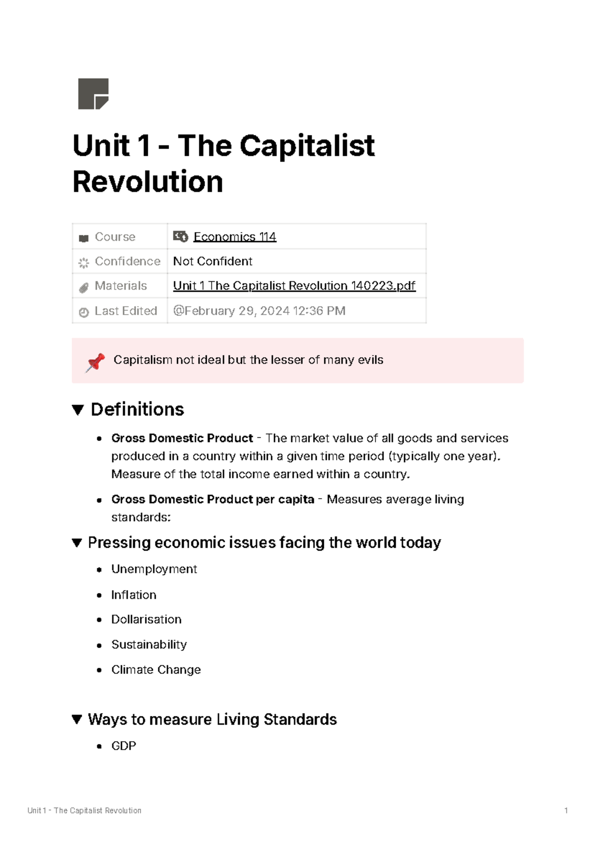 Unit 1 - The Capitalist Revolution - Measure of the total income earned ...