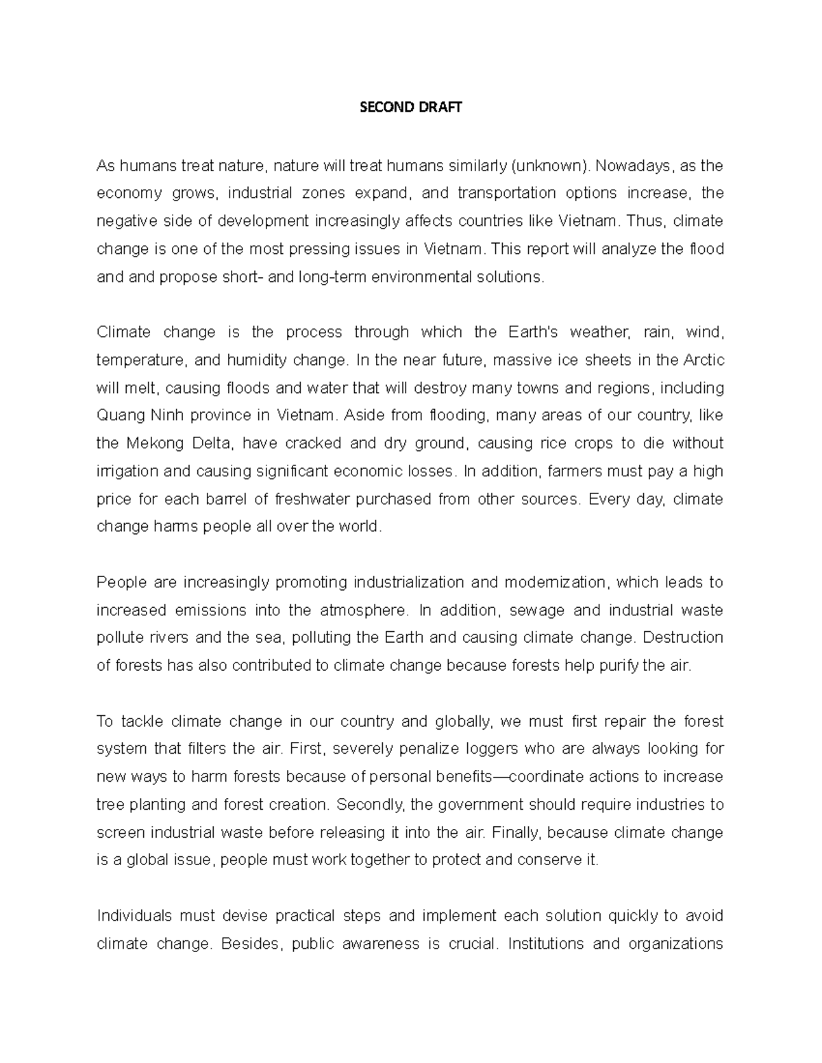 Writing Porfolio - Second Draft - SECOND DRAFT As humans treat nature ...