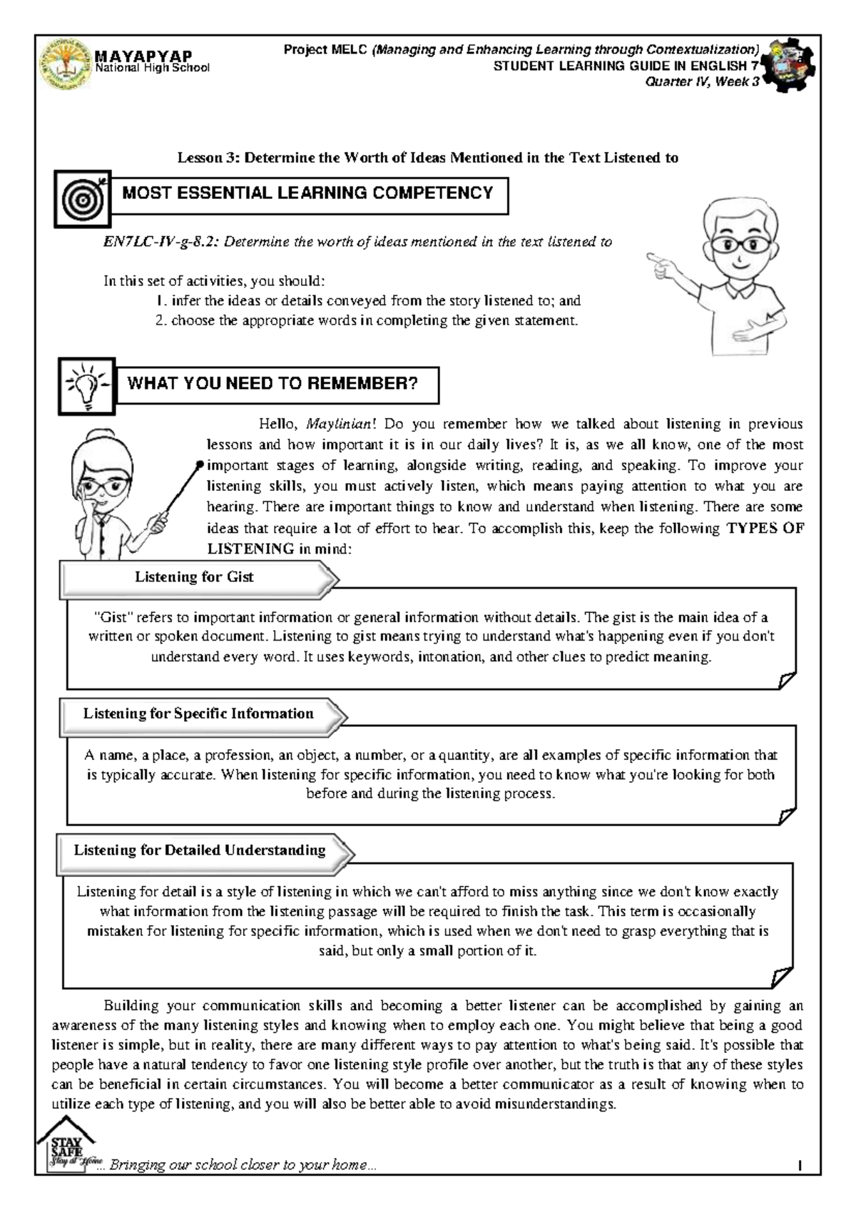English-7 Q4 WEEK-3 - 1 a Lesson 3: Determine the Worth of Ideas ...