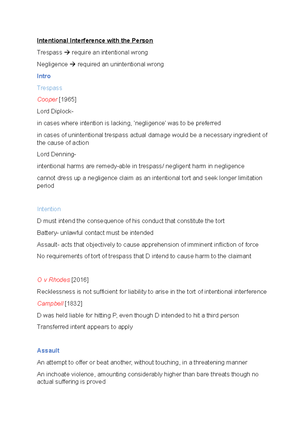 Revision Tort - Intentional Interference with the Person Trespass ...