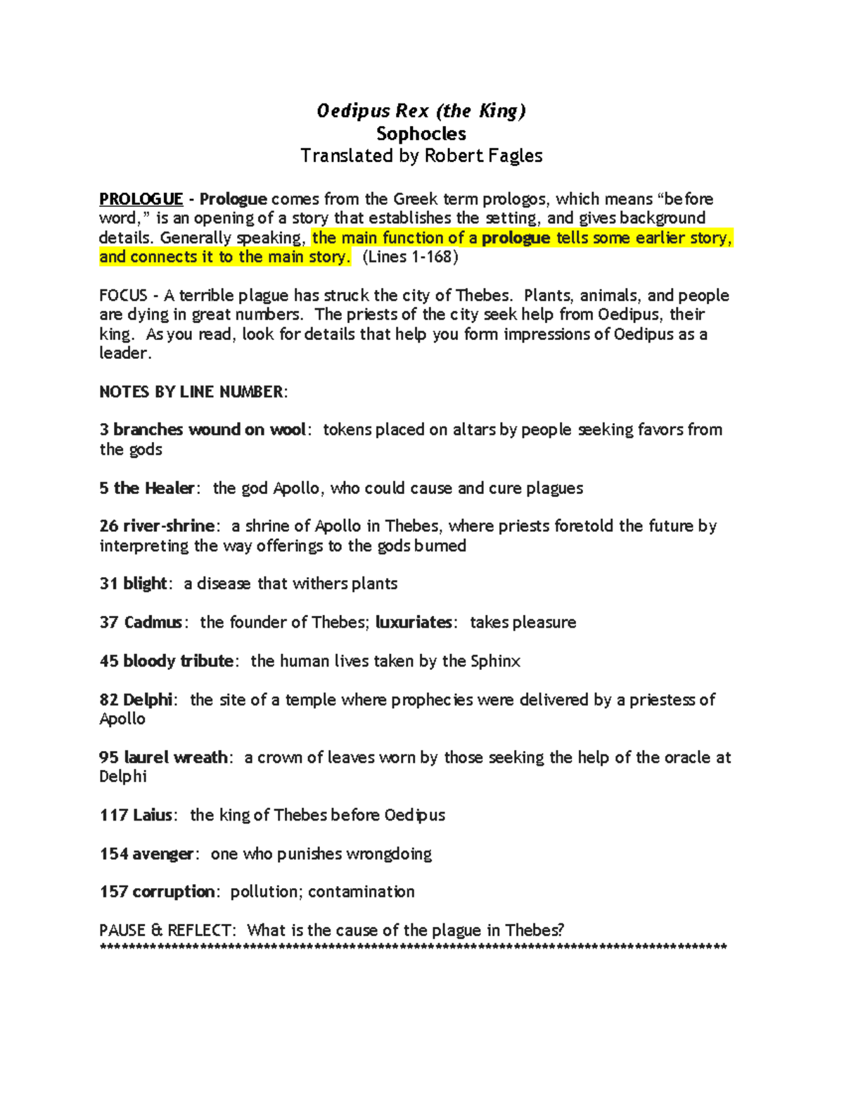 Notes for Oedipus Rex - ..... - Oedipus Rex (the King) Sophocles ...