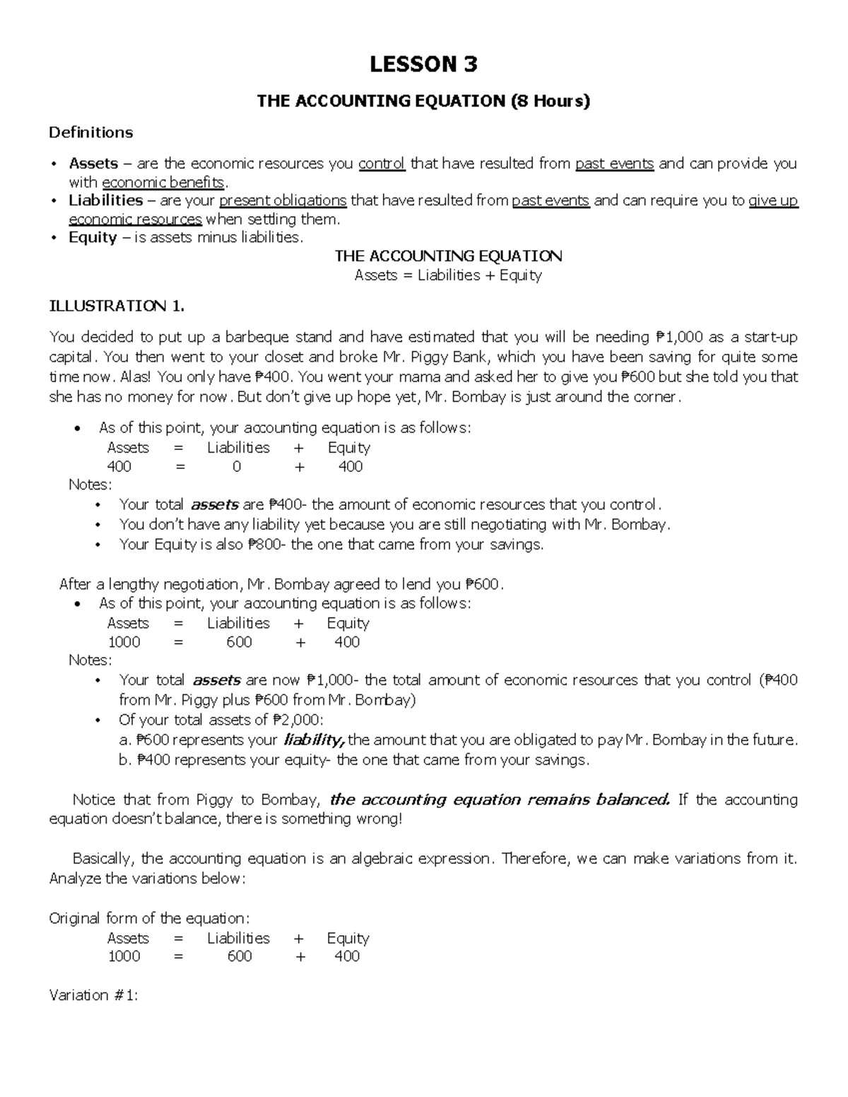 Lesson 3 - Lecture notes 4 - LESSON 3 THE ACCOUNTING EQUATION (8 Hours ...