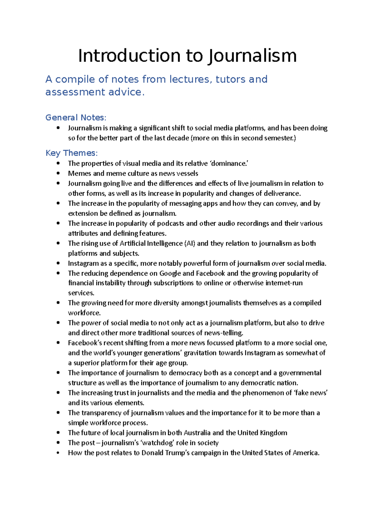 Intro to Journalism Notes Compile (Core Details) - Introduction to ...