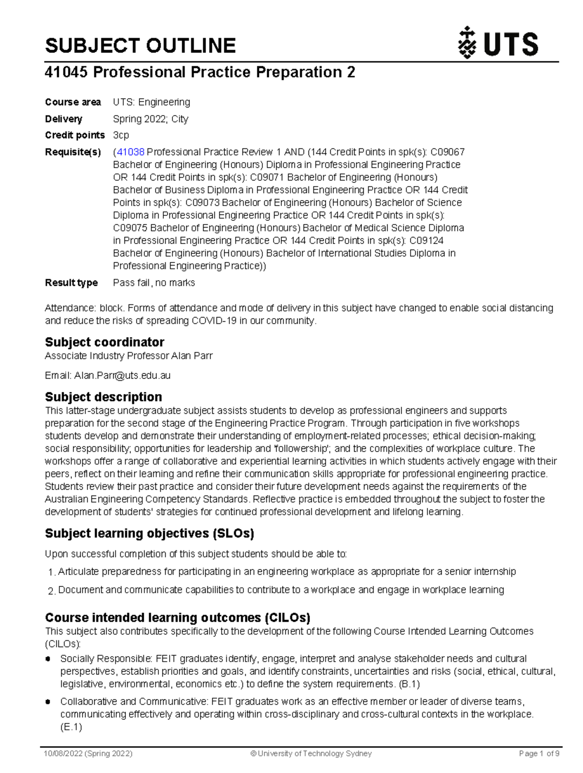 Subject outline - SUBJECT OUTLINE 41045 Professional Practice ...