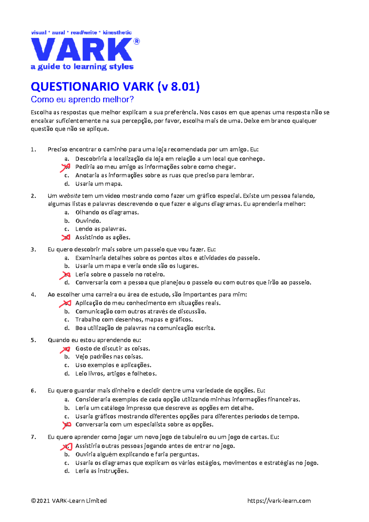 The VARK Questionnaire Portuguese BR - ©2021 VARK-Learn Limited vark ...
