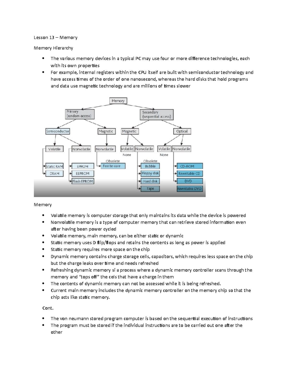 Lesson 13 Memory - N/a - Lesson 13 – Memory Memory Hierarchy The various memory devices in a ...