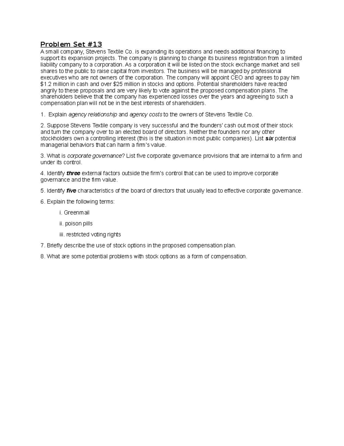 Problem Set - business paper - Problem Set A small company, Stevens ...