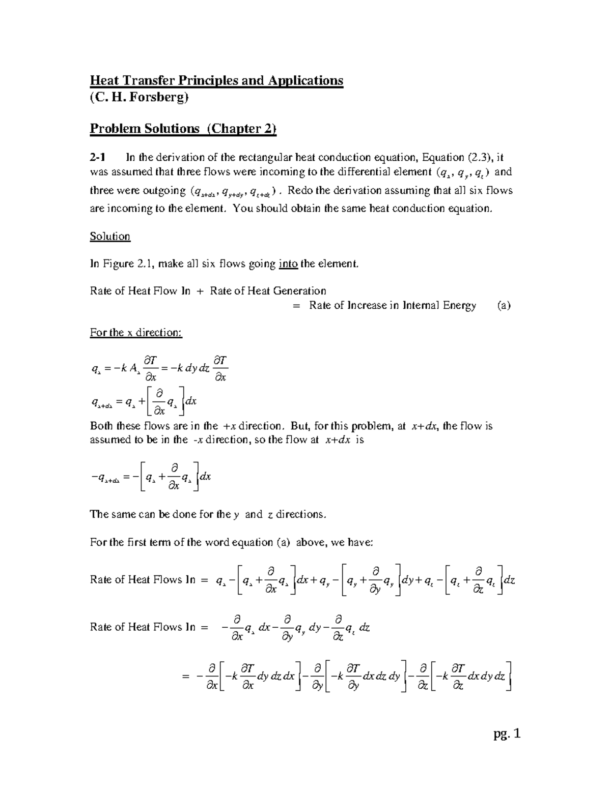 Chapter 2 Problem Solutions - Heat Transfer Principles and Applications (C. H. Forsberg) Problem ...