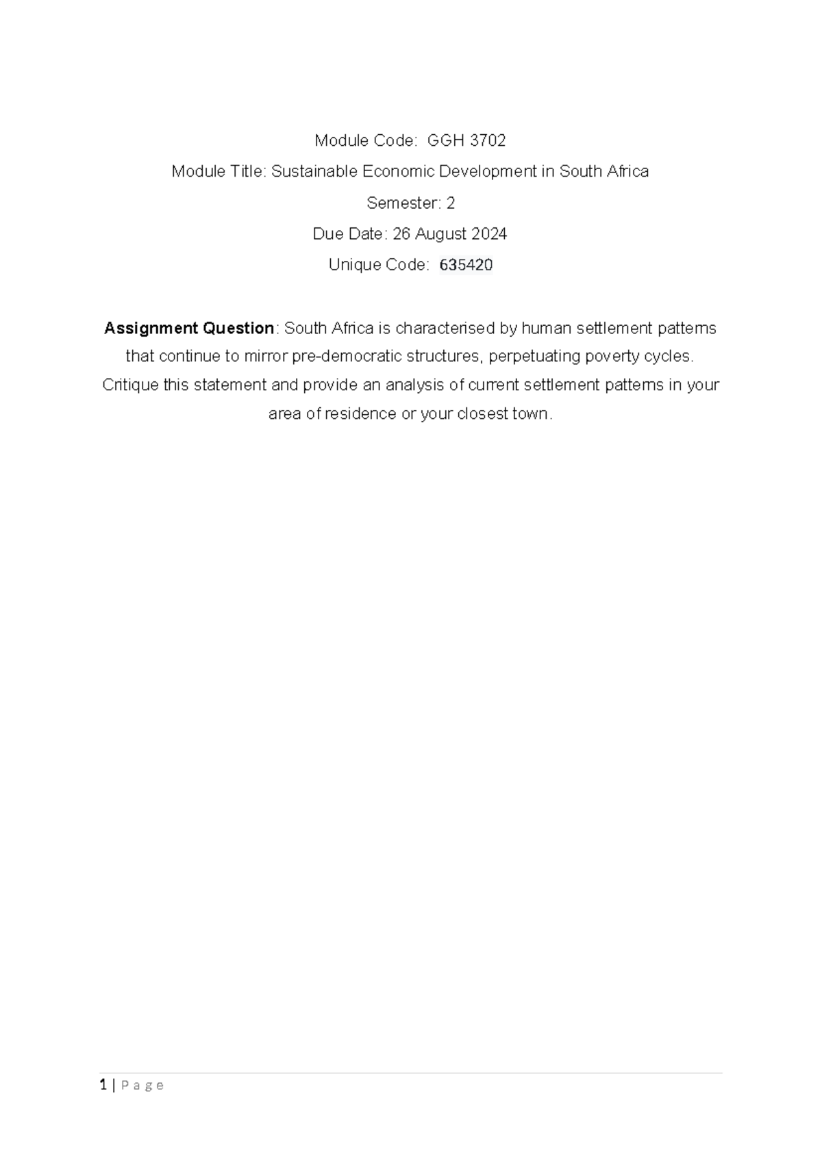 GGH3702 Assignment - Spatial economic development in South Africa ...
