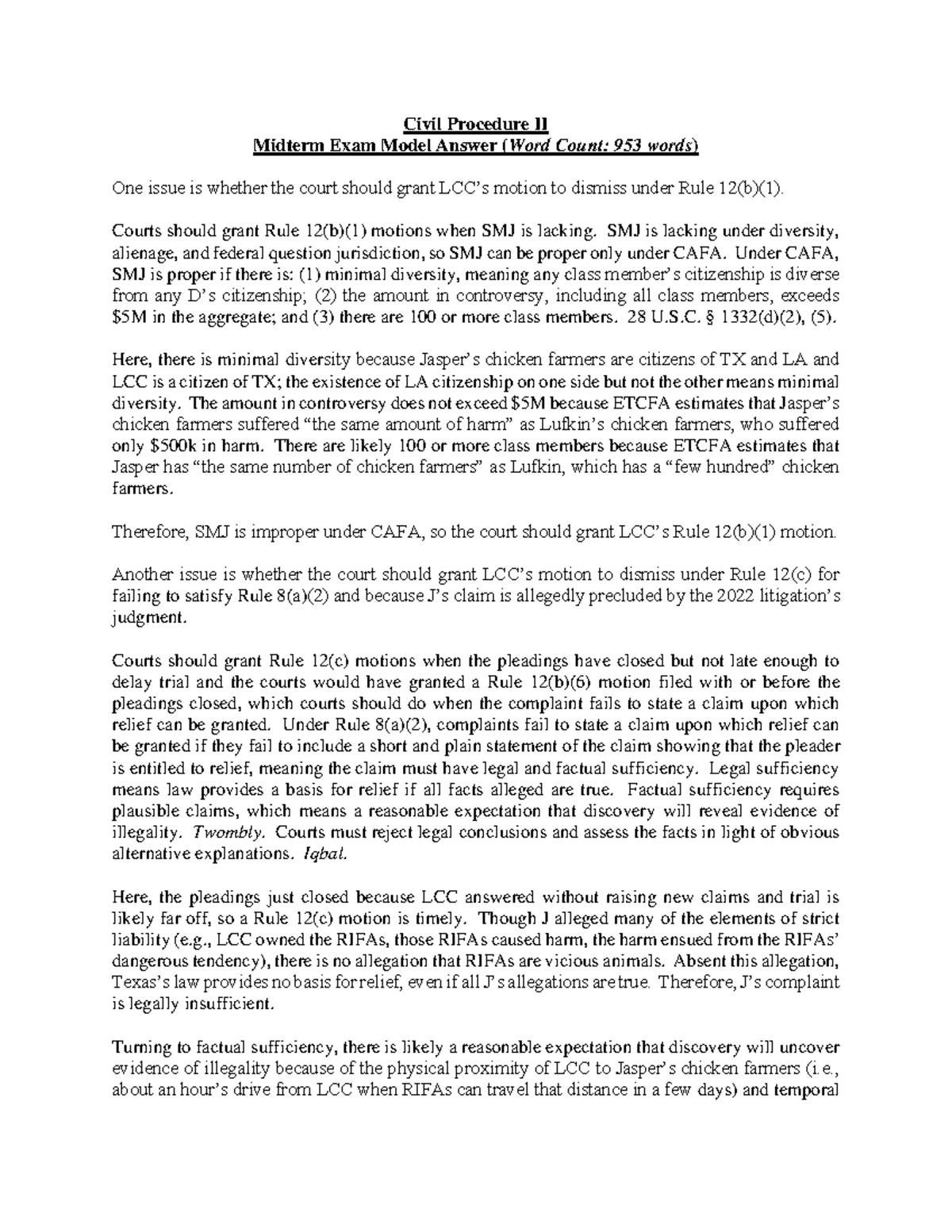 Civil Procedure Ii Spring 2023 Midterm Exam Model Answer Civil Procedure Ii Midterm Exam