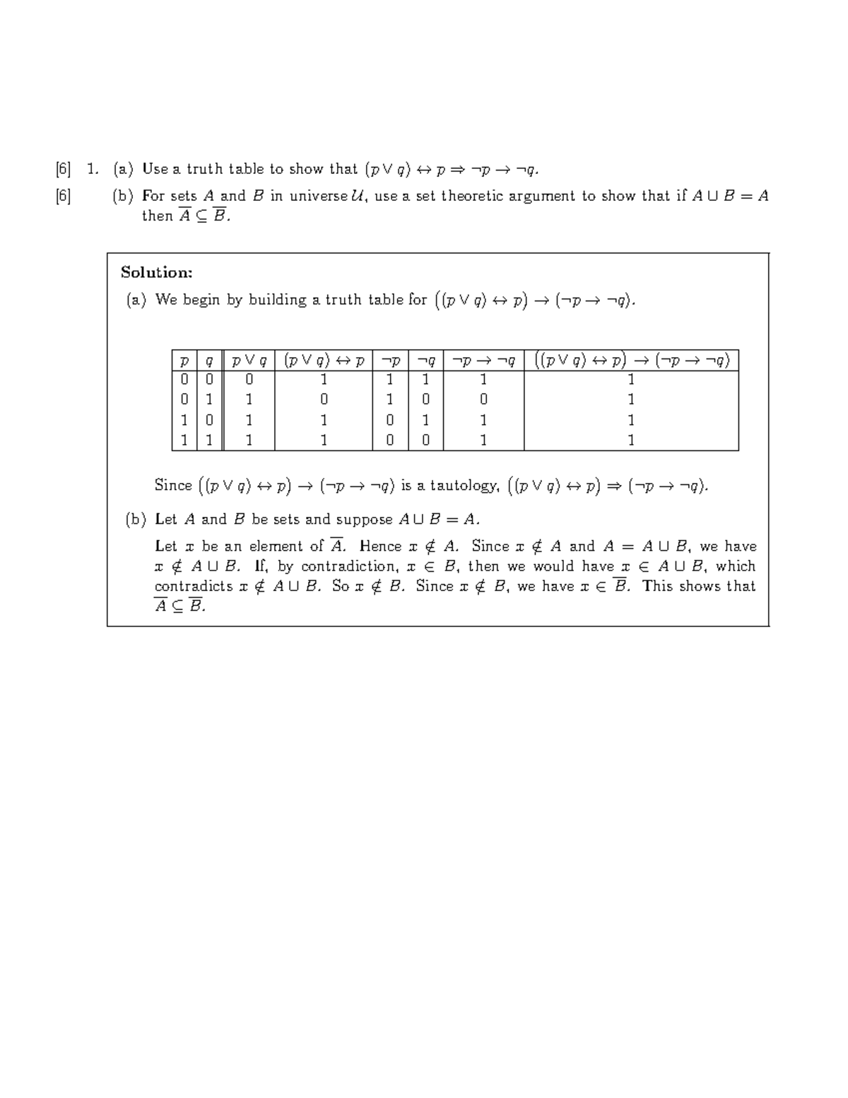 Test Solutions and Answer - [6] 1. (a) Use a truth table to show that ...