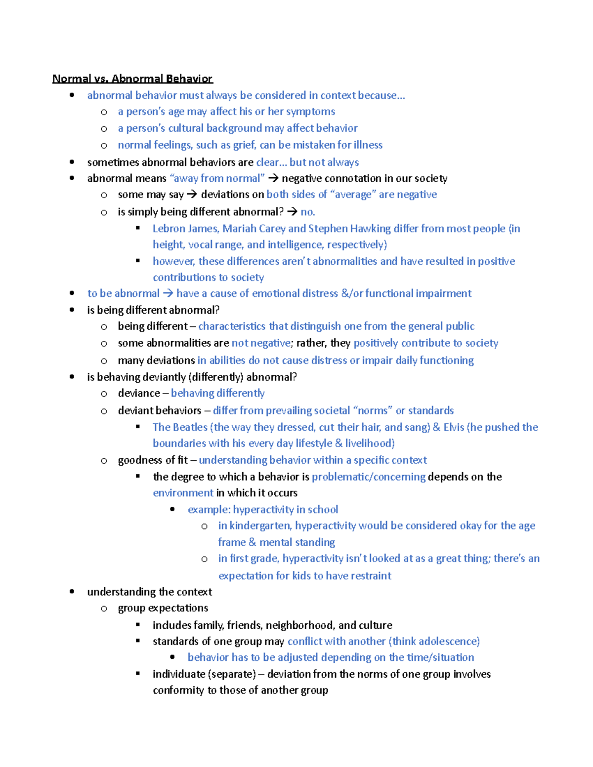 Chapter I Notes - Normal vs. Abnormal Behavior abnormal behavior must ...