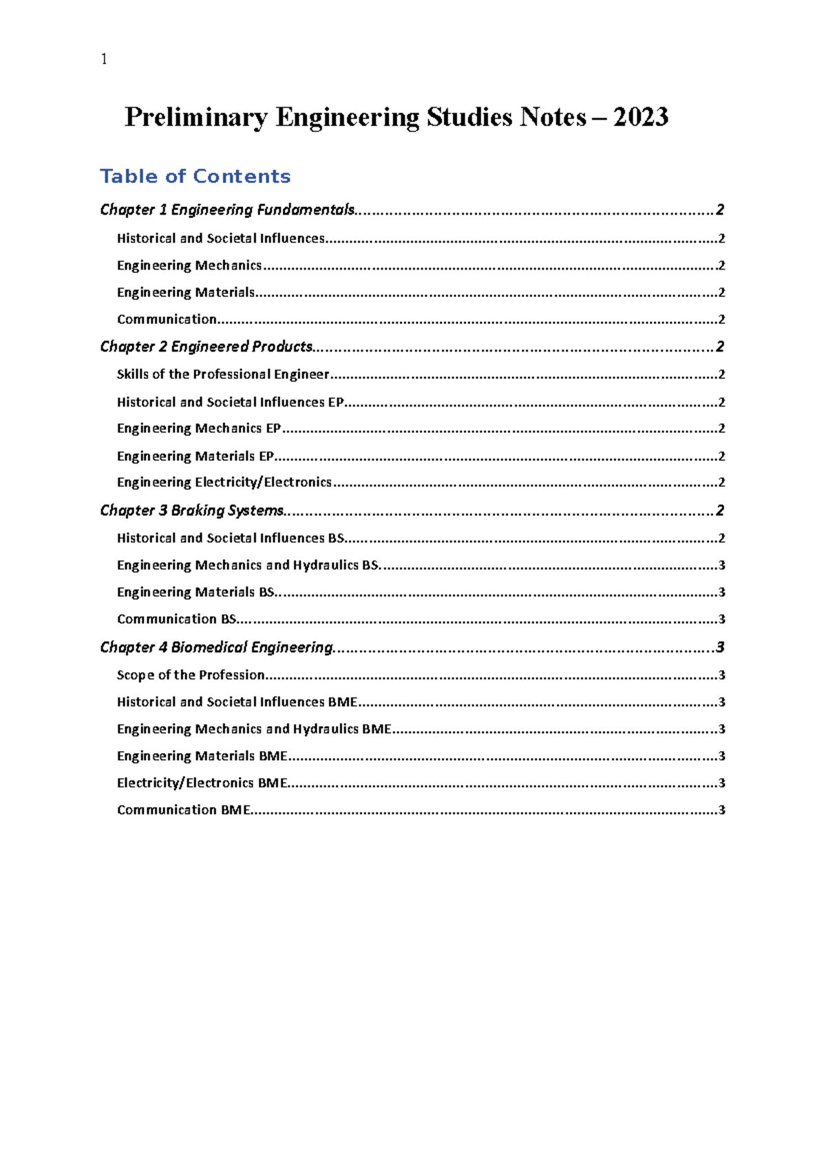 Engineering Studies - notes on mod 1 - Table of Contents - Preliminary ...