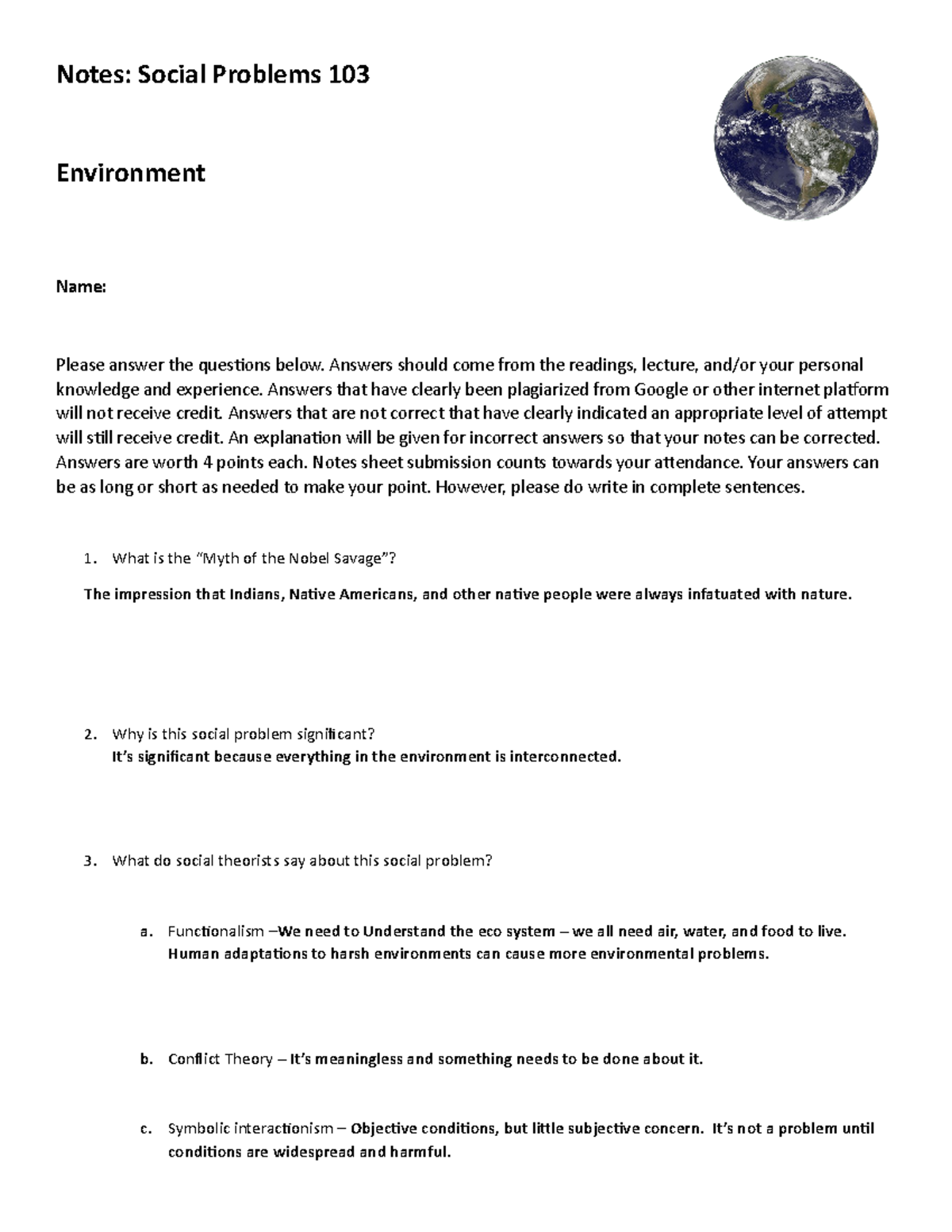 Environment Notes - Notes: Social Problems 103 Environment Name: Please ...