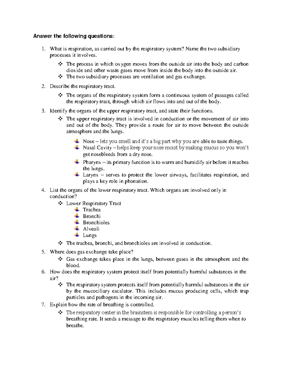 Respiratory Sytem - Answer the following questions: What is respiration ...