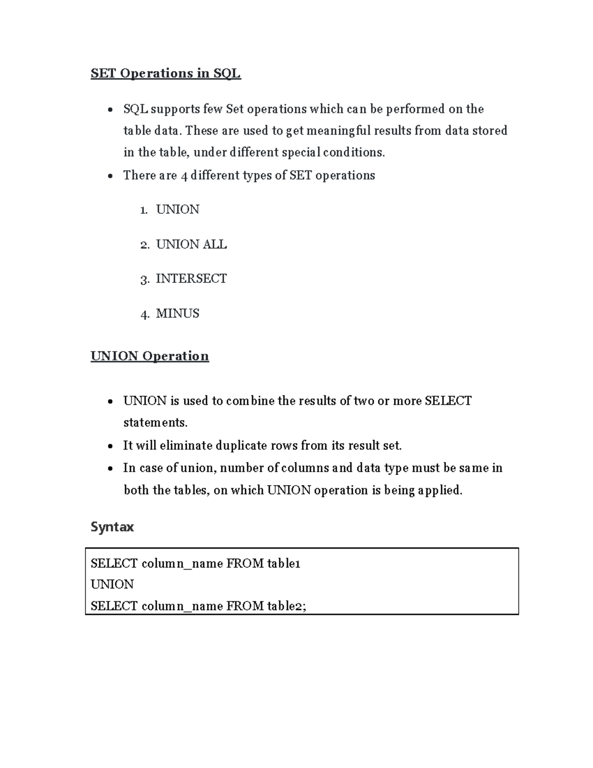 5.SET Operations - These are used to get meaningful results from data ...