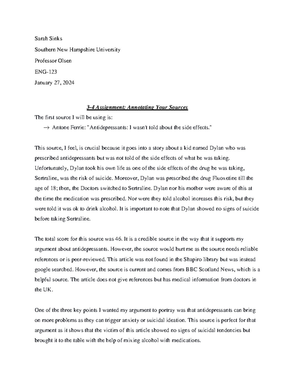 3-4 Assignment Annotating Your Sources ENG-123 - Sarah Sinks Southern ...