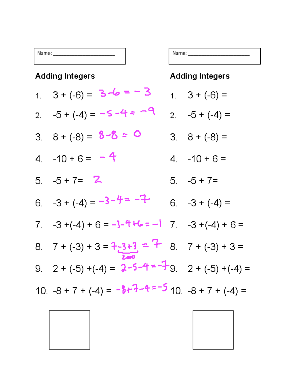 1.2.W - Adding and Subtracting Integers. Answers - Mathematics - Adding ...