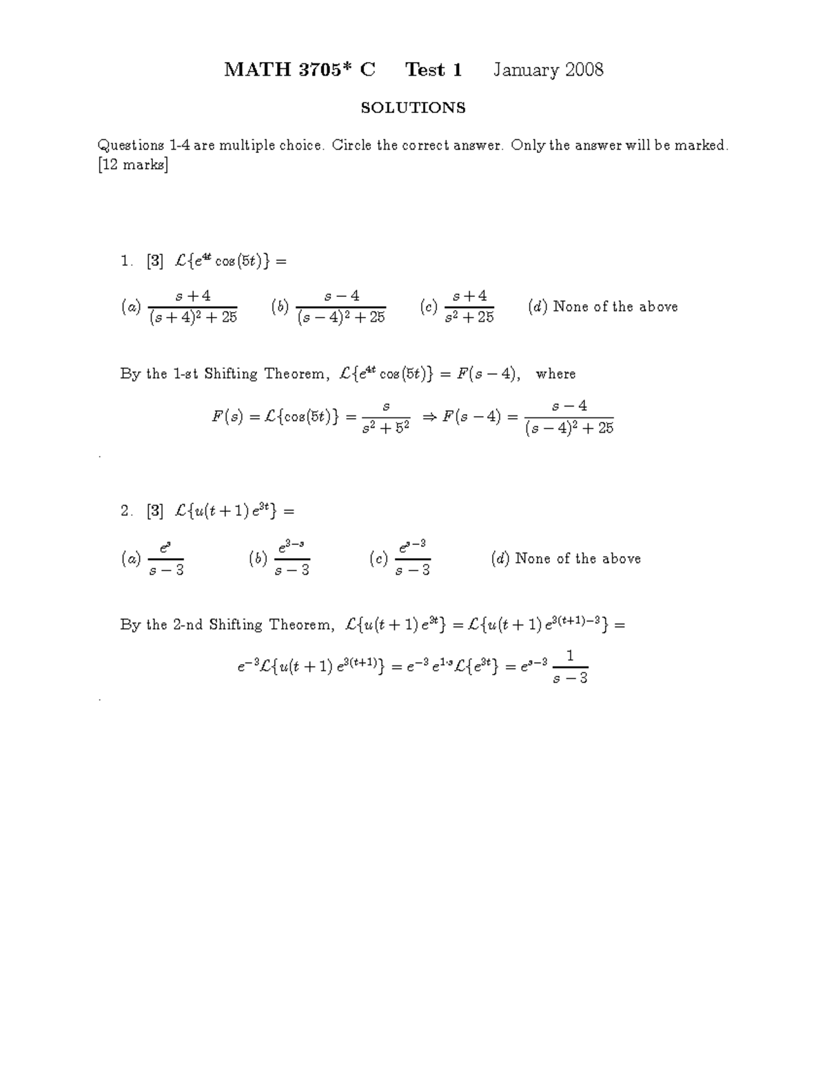 Test January 2008, questions and answers - MATH 3705* C Test 1 January ...