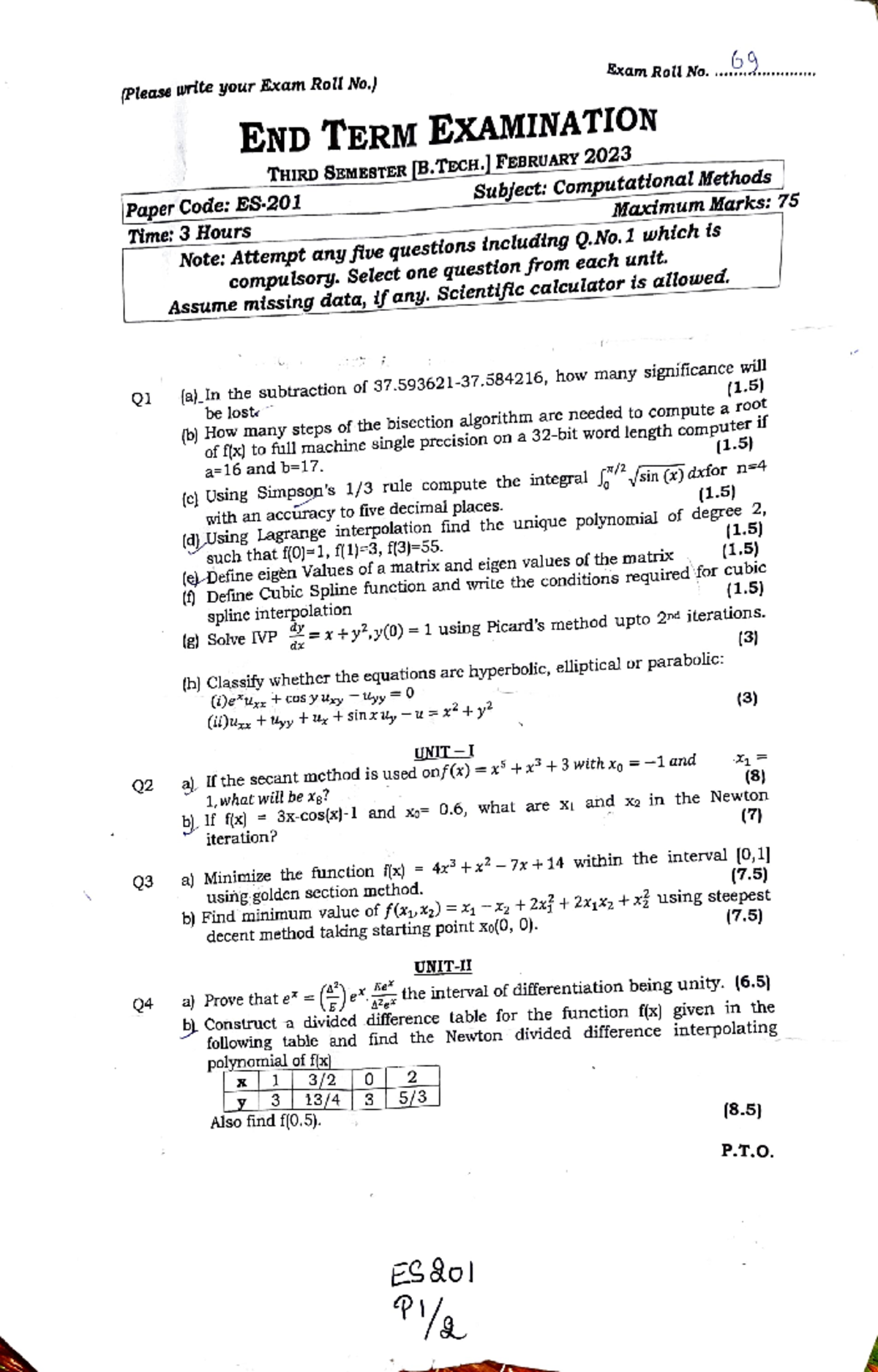 3rd semester endsem exam paper feb2023 - (Please write your Exam Roll ...