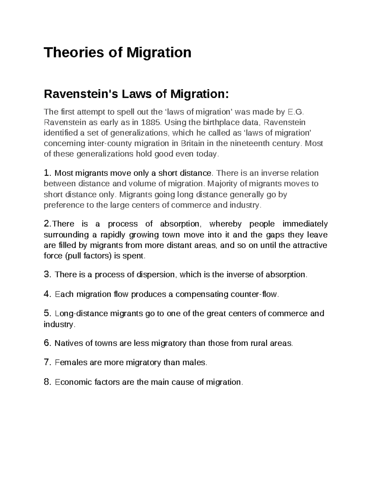 Theories of Migration - none - Theories of Migration Ravenstein's Laws ...