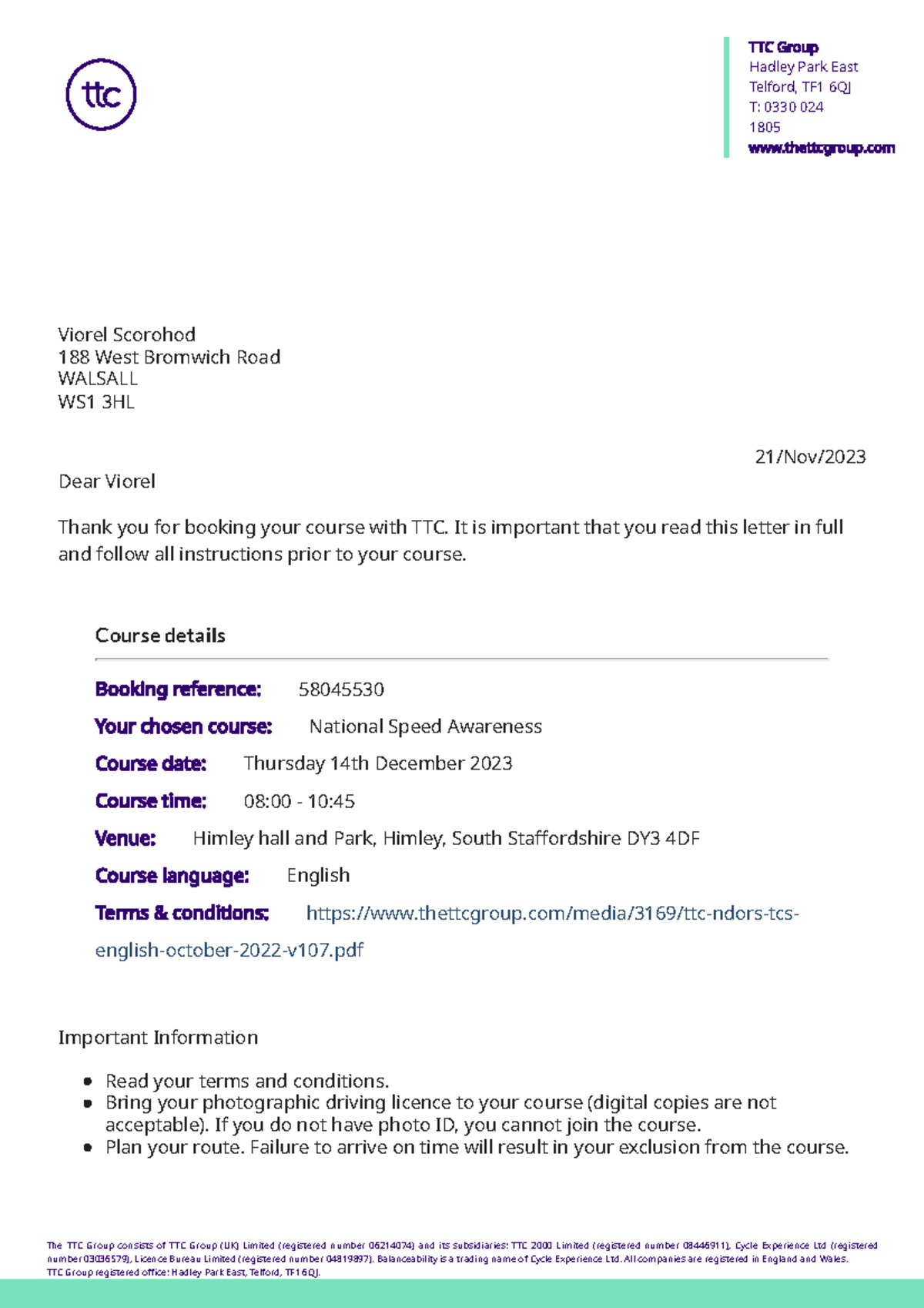 TTC Alaska Attendee Bookings - Dear Viorel Thank you for booking your ...