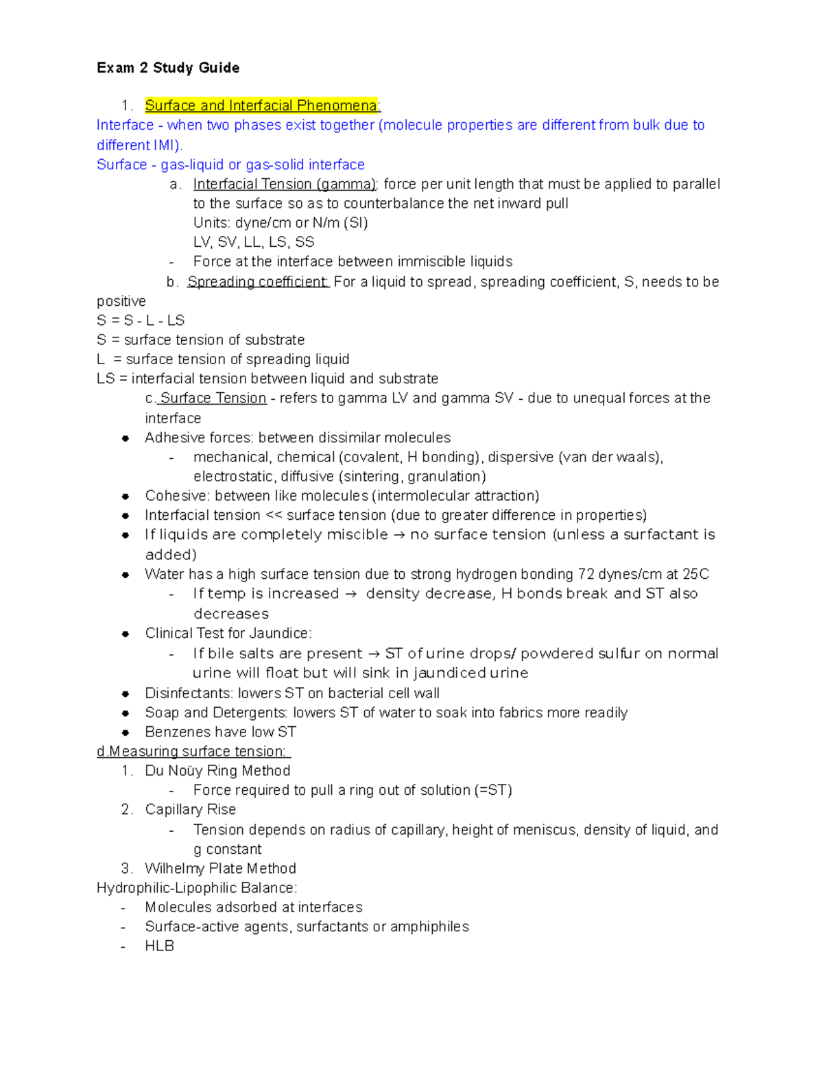 P Chem Exam 2 - Exam Study guide - Exam 2 Study Guide Surface and Interfacial Phenomena ...