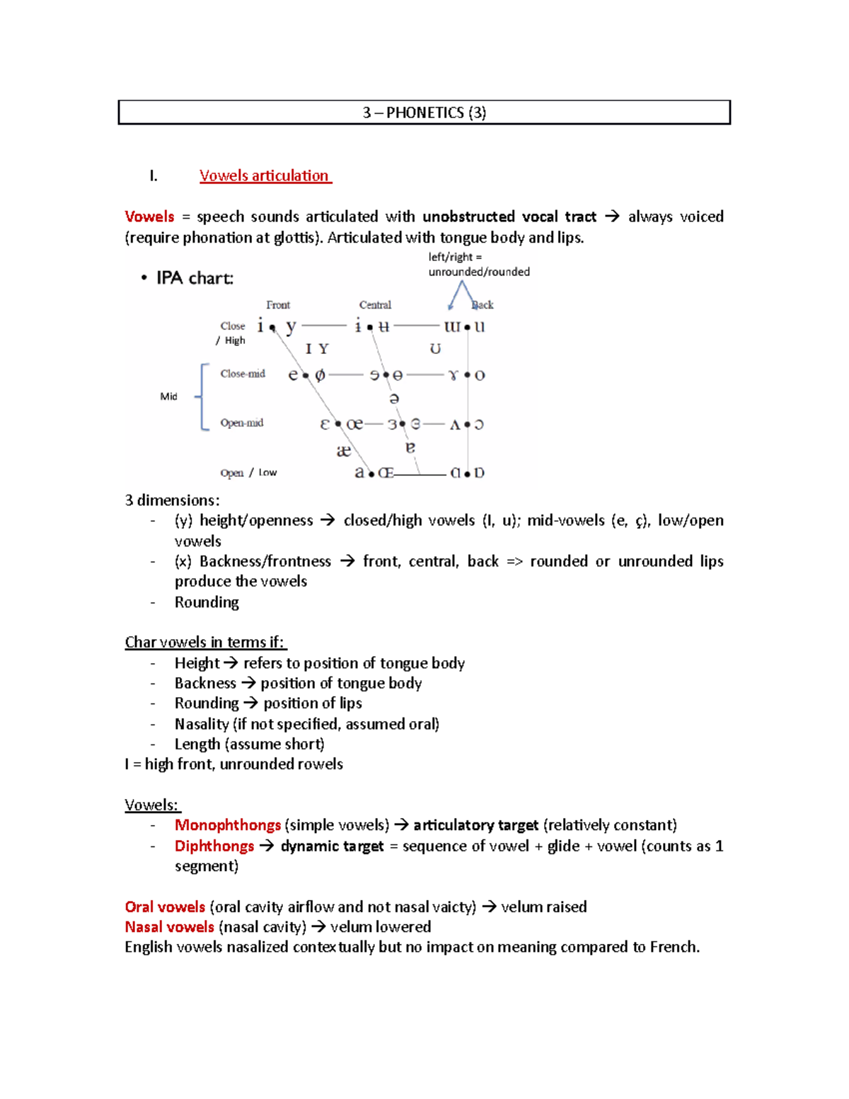 3 - phonetics (3) - Lecture notes 3 - 3 – PHONETICS (3) I. Vowels ...