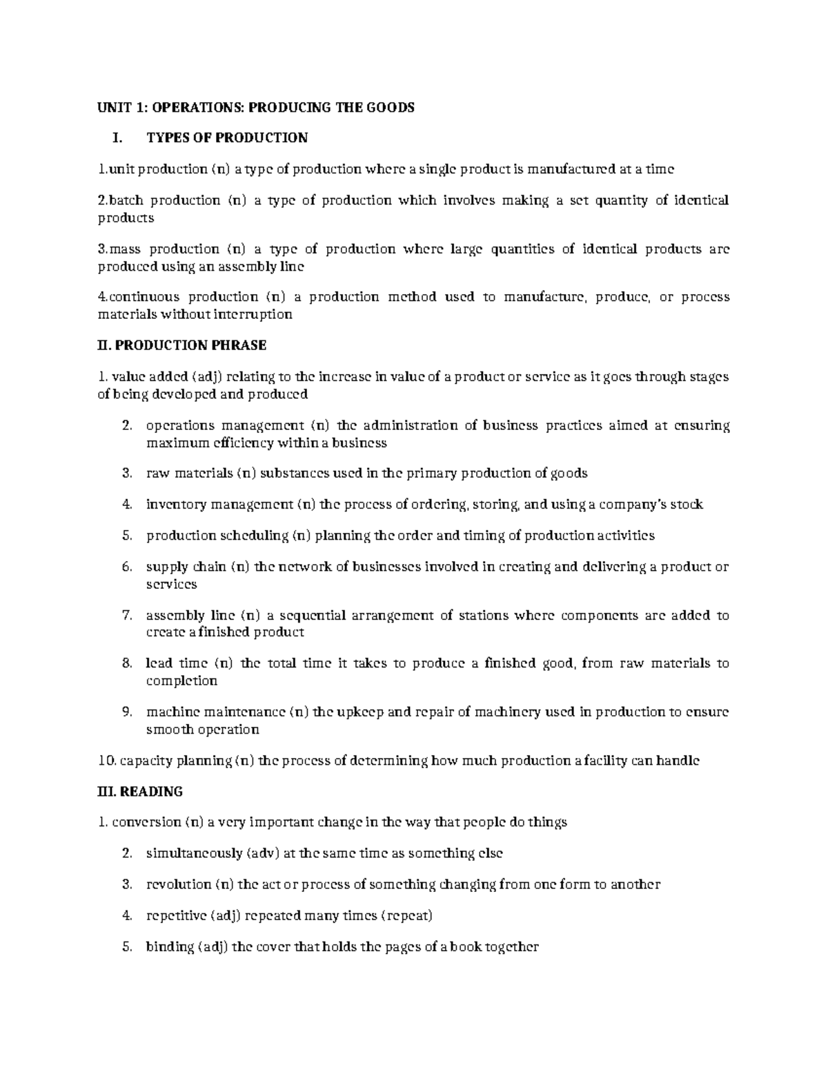 Vocab - UNIT 1: OPERATIONS: PRODUCING THE GOODS I. TYPES OF PRODUCTION ...