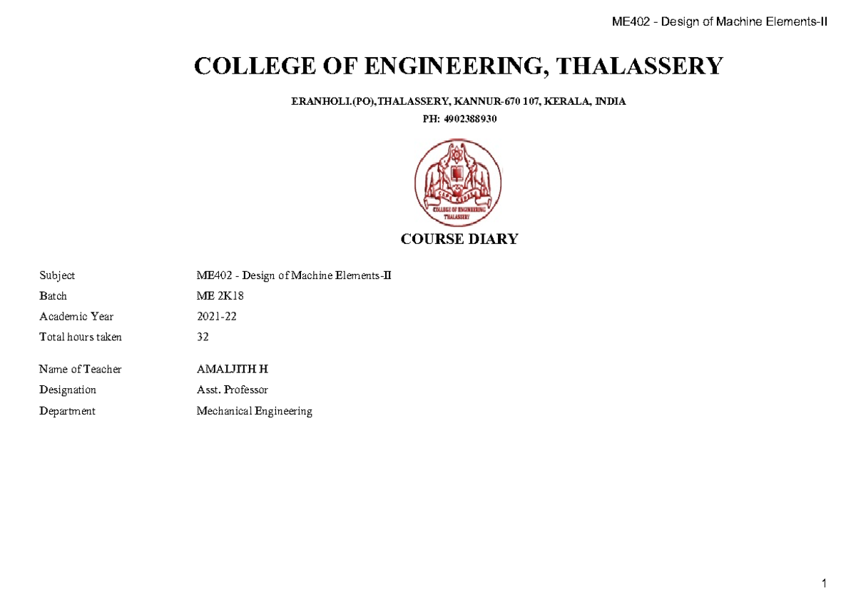 Course Diary ME402 - Design of Machine Elements-II - Subject ME402 - Design of Machine Elements ...