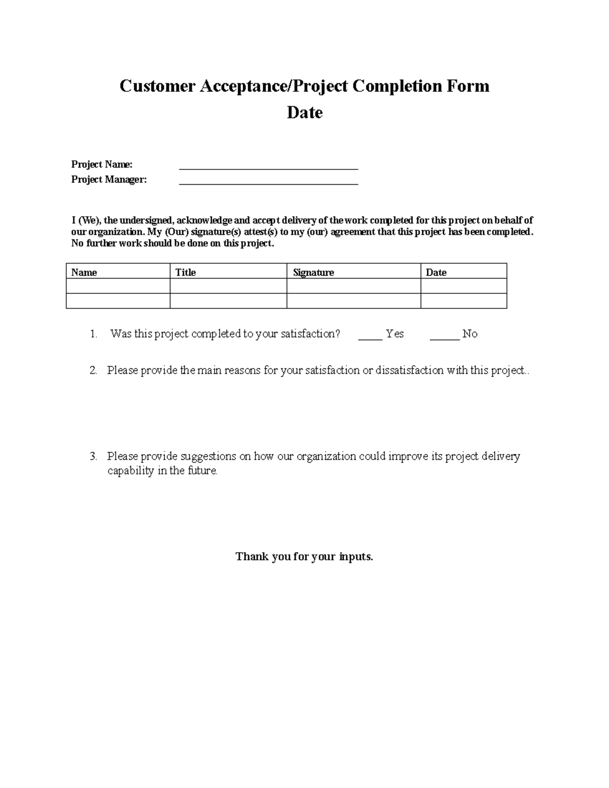 Customer acceptance form - Customer Acceptance/Project Completion Form ...