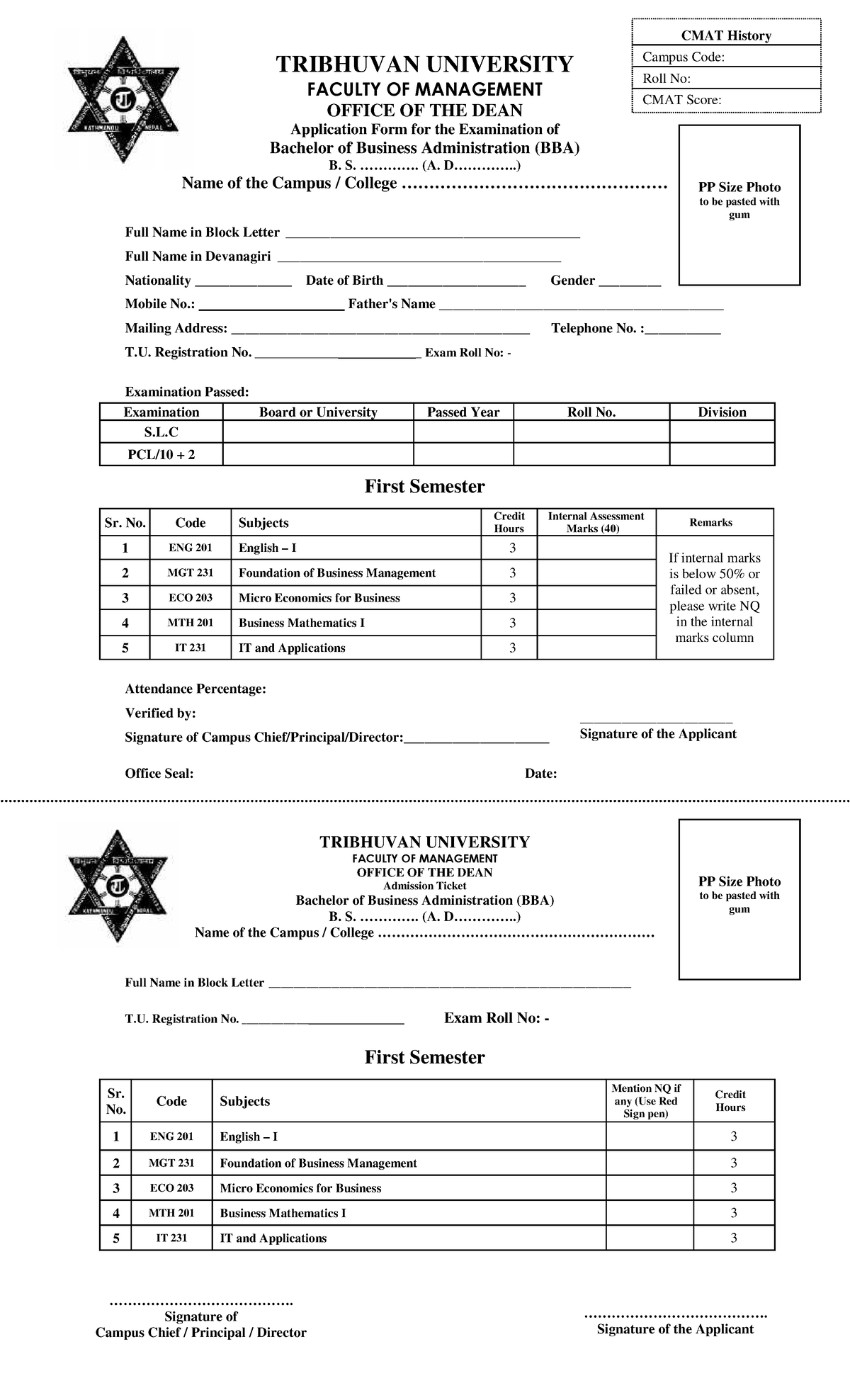 Exam Form for BBA BBM and BIM 1st Sem New Course - TRIBHUVAN UNIVERSITY ...