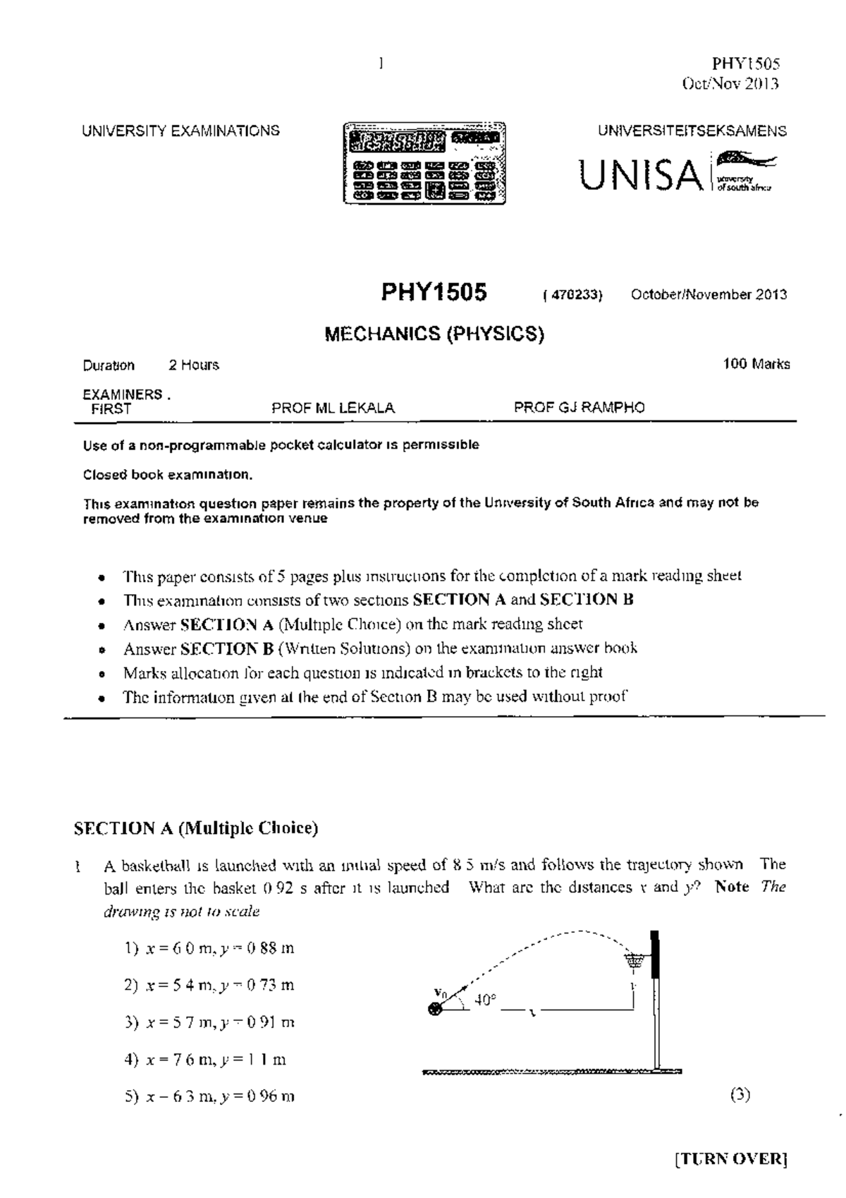 PHY1505 2013 10 E 1 - Mechanics 2013 November Exam - PHY1505 - Unisa ...