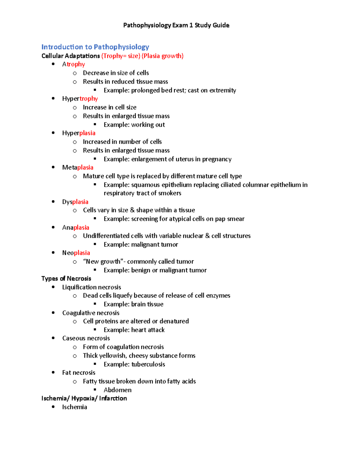 Patho- Exam 1 Study Guide - Introduction to Pathophysiology Cellular ...
