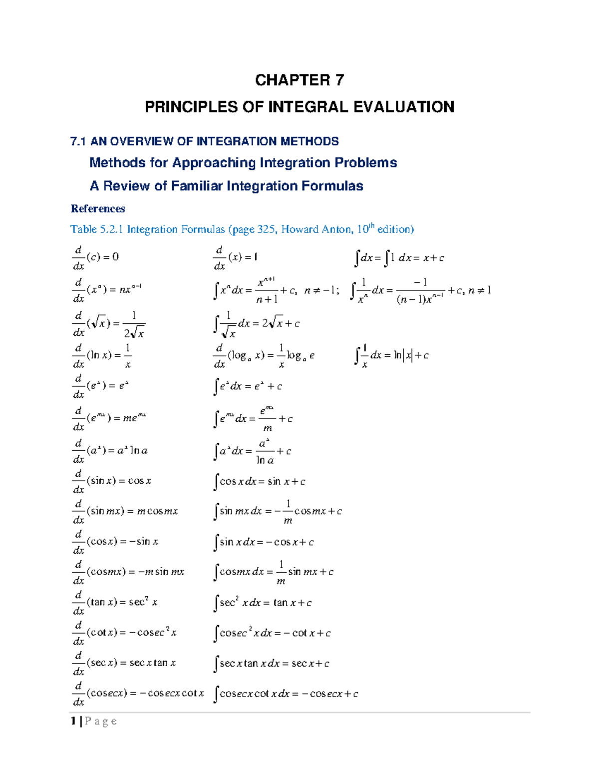 Chap 7-Calculus II-Formulas - CHAPTER 7 PRINCIPLES OF INTEGRAL EVALUATION 7 AN OVERVIEW OF - Studocu