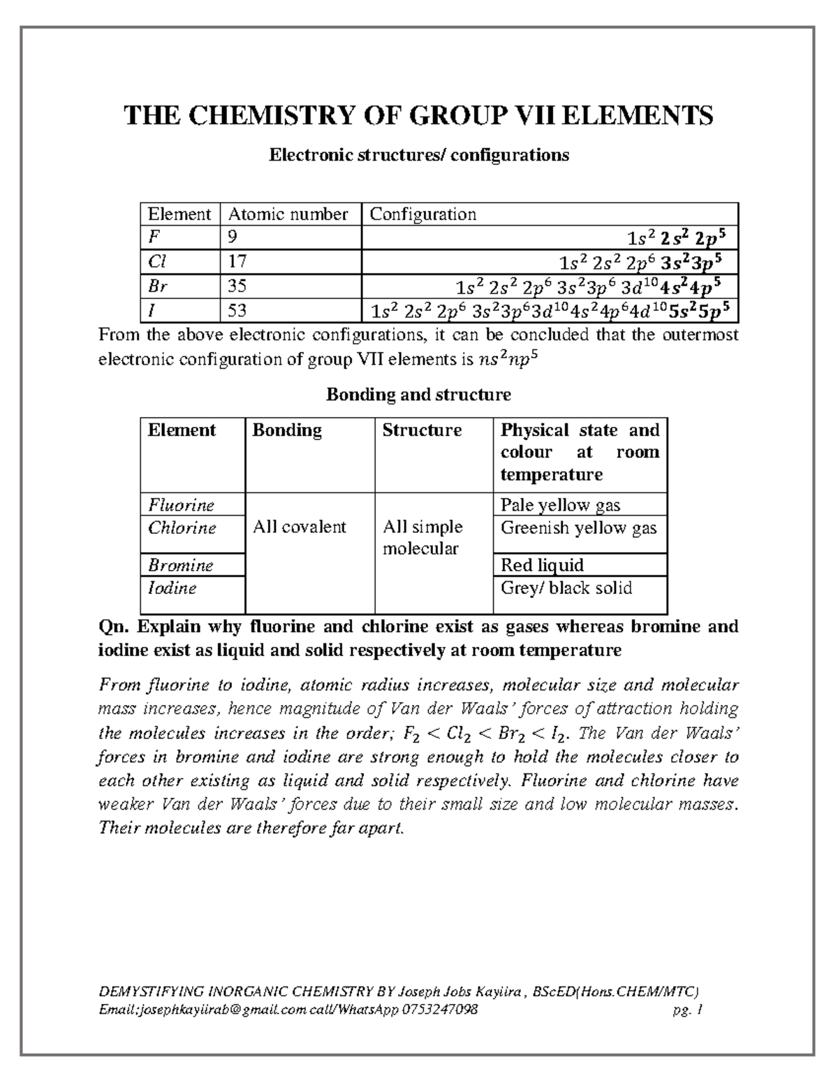 S.6 Chemistry OF Group VII - DEMYSTIFYING INORGANIC CHEMISTRY BY Joseph ...