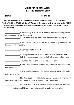 Examination 3 in Entrep - FINAL EXAMINATION ENTREPRENEURSHIP Name ...