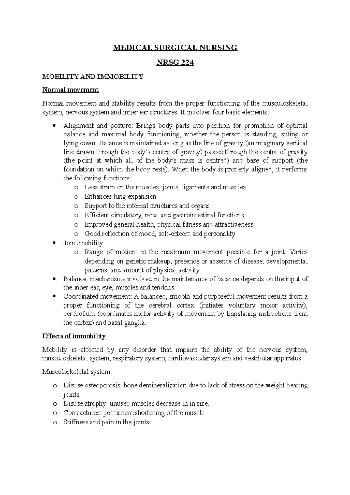 Normal movement - Lecture notes 2-6 - MEDICAL SURGICAL NURSING NRSG 224 ...