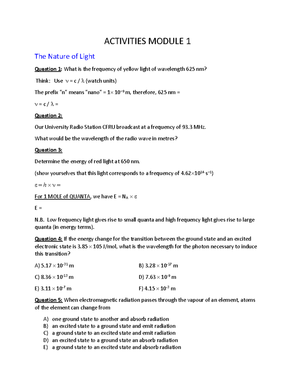 Activities Module 1 - ACTIVITIES MODULE 1 The Nature of Light Question ...