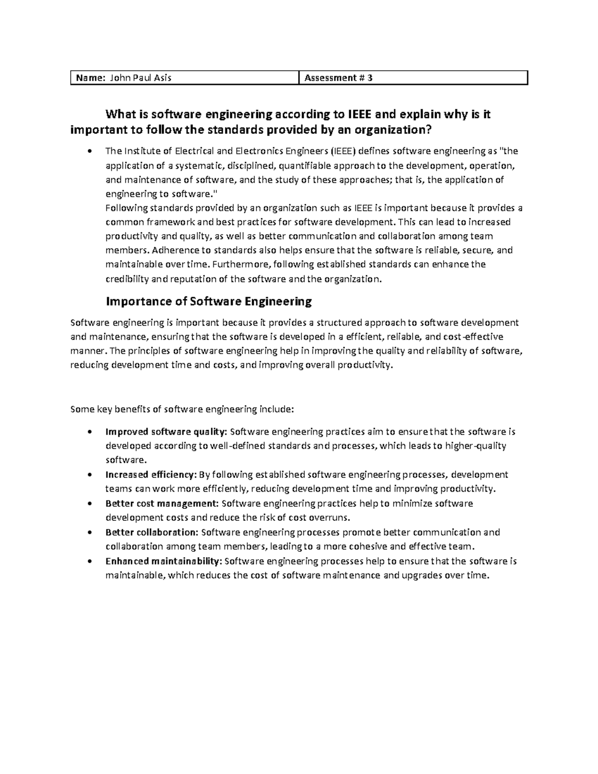 SE John Paul Asis Activity#3 - Name: John Paul Asis Assessment # 3 What is software engineering ...