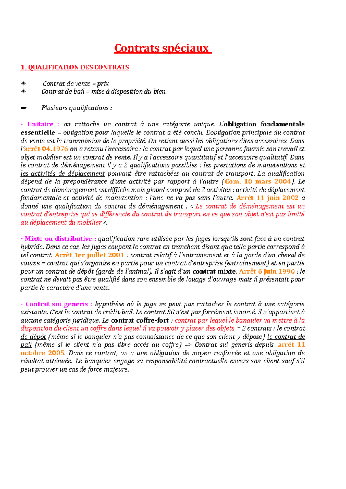 Fiches contrats spéciaux - Contrats spéciaux 1. QUALIFICATION DES ...
