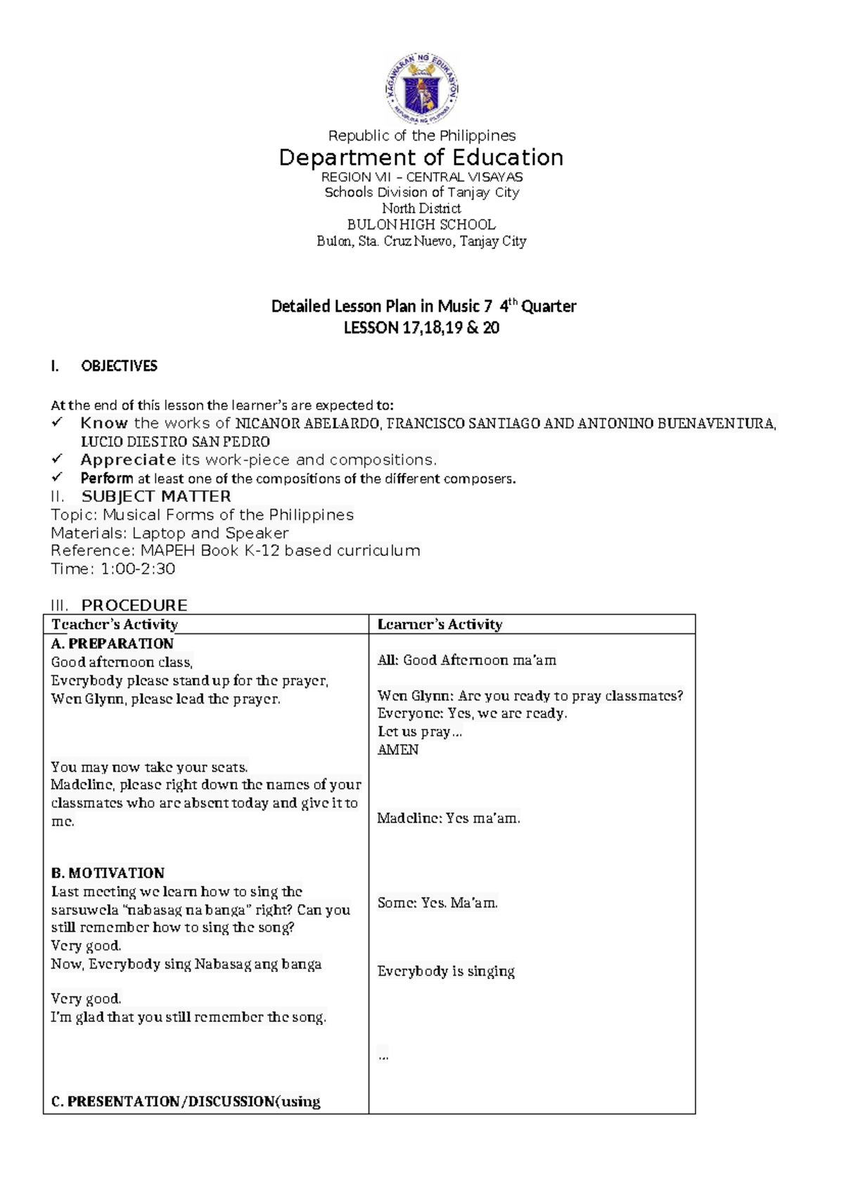 Detailed Lesson Plan in Music 7 4th Quarter Lesson 17 - Republic of the ...